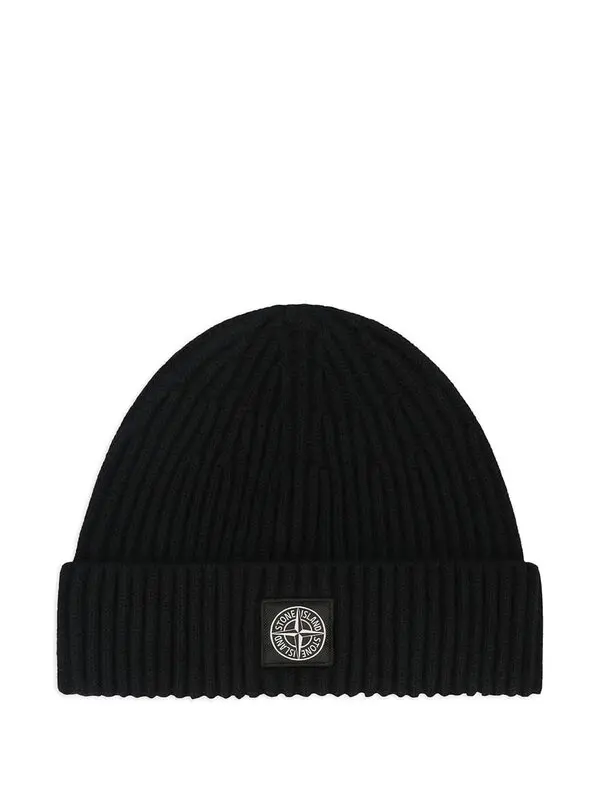 Stone Island Ribbed Wool Beanie With Compass Patch - Black