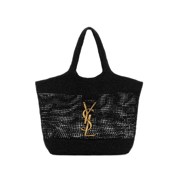 Saint Laurent Raffia Shopper Tote Bag - Black