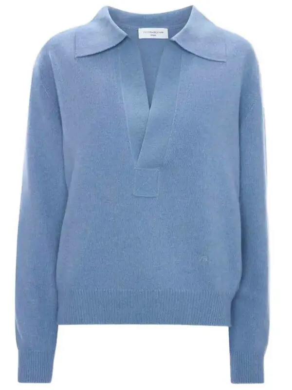 Victoria Beckham Genevieve Polo Jumper In Merino Wool - Blue