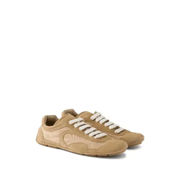 Prada Leather And Suede Lace-up Sneakers - Cream