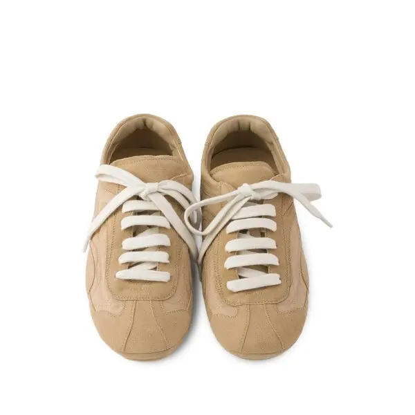Prada Leather And Suede Lace-up Sneakers - Cream