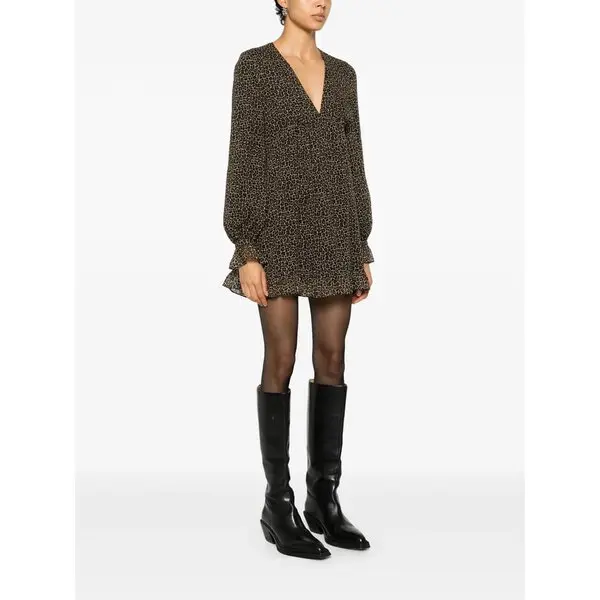 Saint Laurent Leopard Print Wool And Silk V-neck Day Dress - Brown
