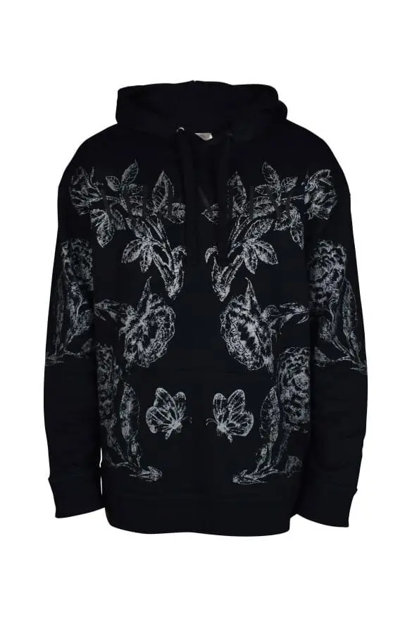 Valentino Garavani Floral Print Cotton Hoodie - Black