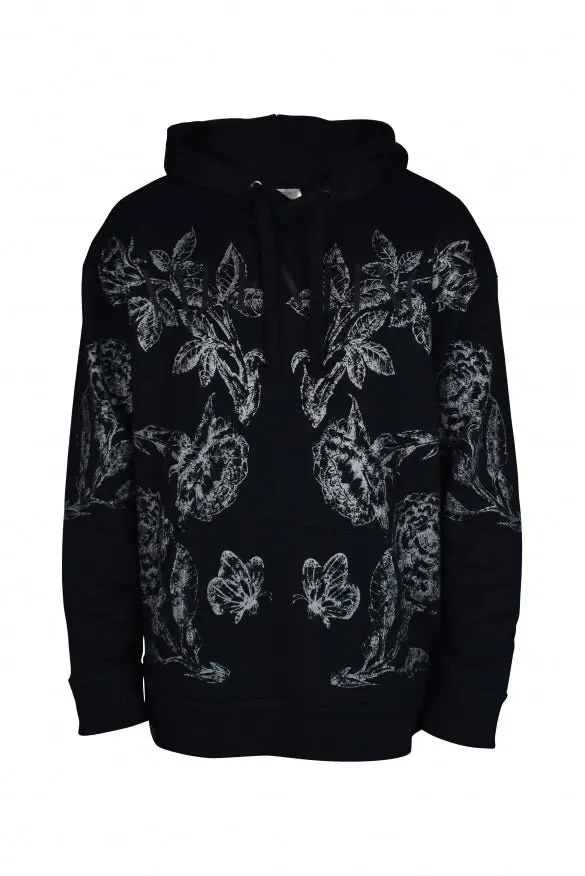 Valentino Garavani Floral Print Cotton Hoodie - Black