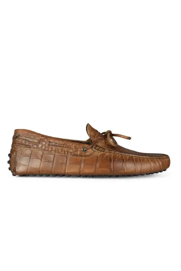 TOD'S Croc Effect Leather Loafers - Brown