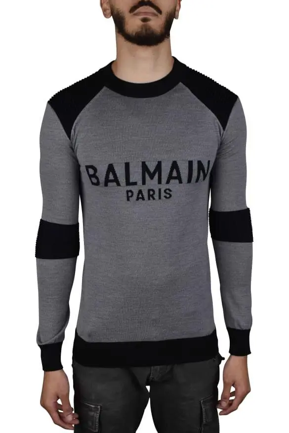 Balmain Logo Accent Wool Sweater - Gray