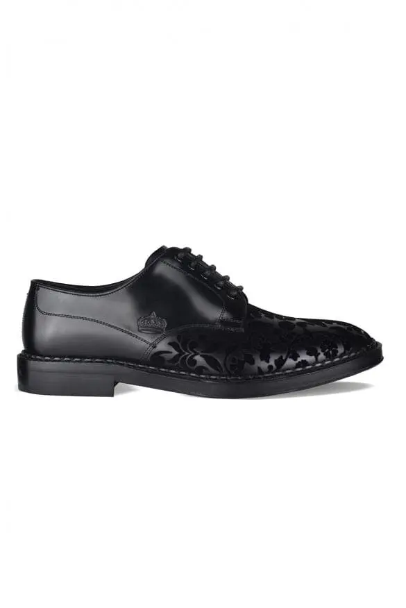 Dolce & Gabbana Baroque Velvet Motif Smooth Leather Derby Shoes - Black