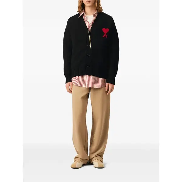 AMI Paris Wool Intarsia-knit Cardigan - Black
