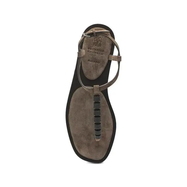 Brunello Cucinelli Beaded T-strap Flat Sandals - Brown