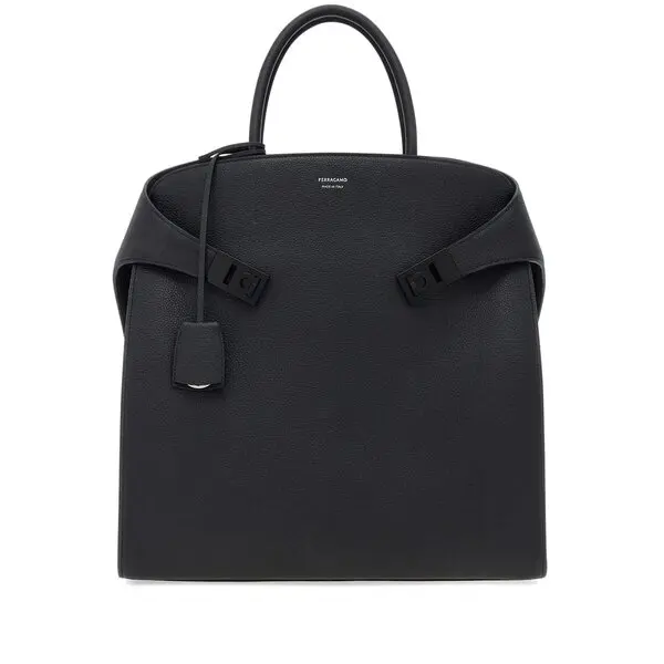 FERRAGAMO Hug Hammered Calfskin Tote Bag - Black