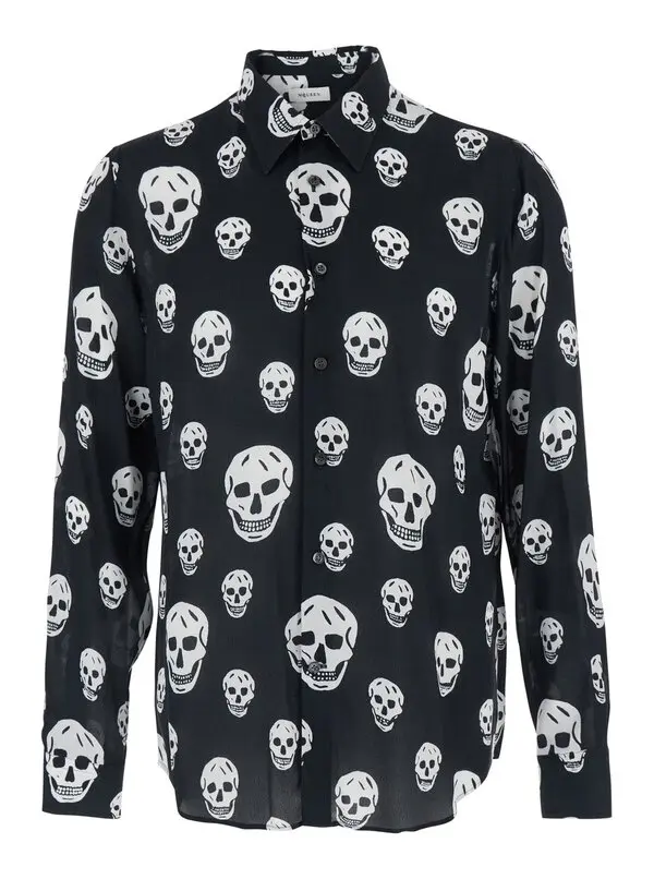 Alexander McQueen Black Pointed Collar Shirt With All-over Skull Print For - Multicolor