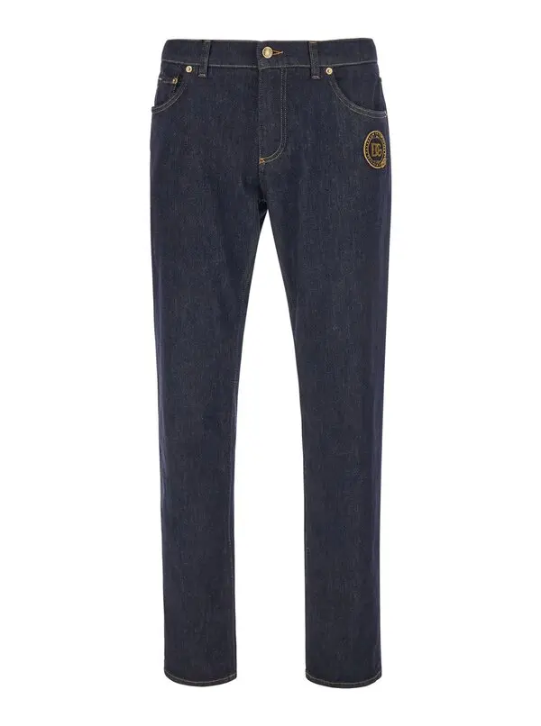 Dolce & Gabbana Blue Slim Jeans With Embroidered Logo On The Front In Denim For - Multicolor