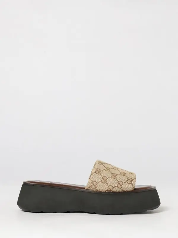 Gucci Gg Monogram Cotton Wedge Mule Sandals - Cream