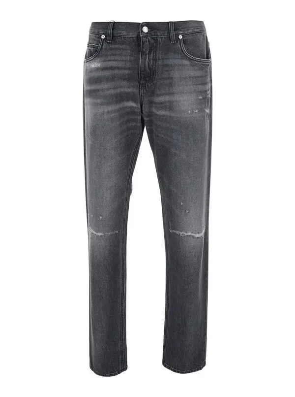 Dolce & Gabbana Grey Jeans With Ripped Details And Logo Patch On The Pocket In Denim For - Multicolor