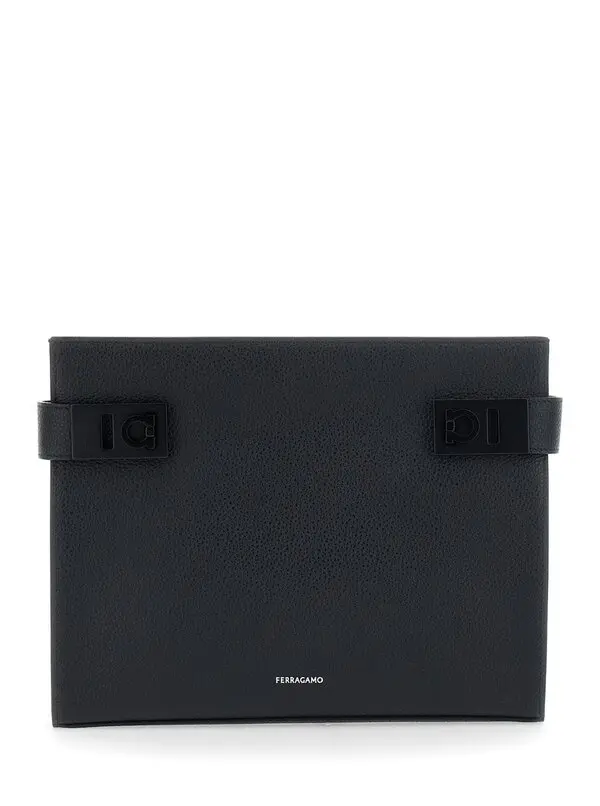 FERRAGAMO Clutch With Hug Side Buckles And Logo In Leather For - Black