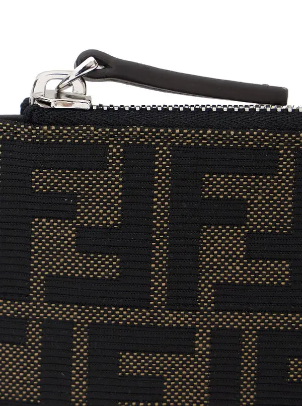 Fendi Brown Cardholder With Ff All-over Motif In Leather And Fabric For - Multicolor