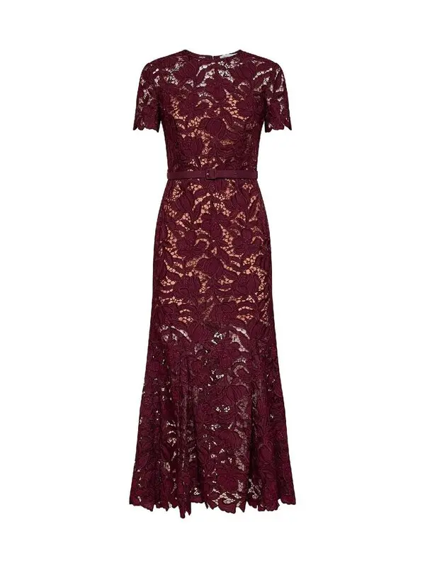 SELF-PORTRAIT Burgundy Macramé Lace Belted Midi Dress - Multicolor