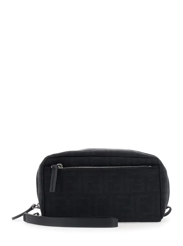 Fendi Black Clutch With Adjustable And Removable Shoulder Strap And Two Zip Pockets In Black Ff Canvas For