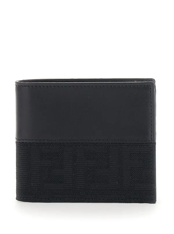 Fendi Dark Bi-fold Wallet With Ff Motif In Leather And Fabric For - Brown