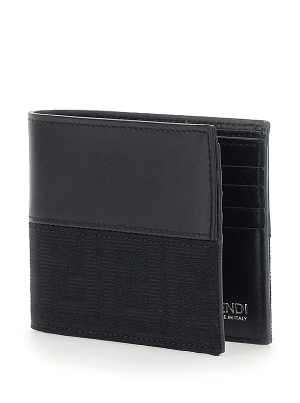 Fendi Dark Bi-fold Wallet With Ff Motif In Leather And Fabric For - Brown