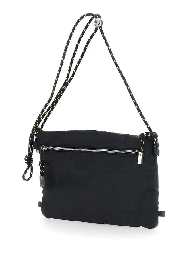 Fendi Black Pouch With Rope Shoulder Strap And Zip Pocket On The Front In Ff Canvas For