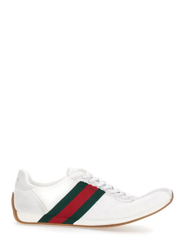 Gucci Tempo' White Sneakers With Raised Toe And Lateral Web Stripe Band In Leather And Fabric - Multicolor