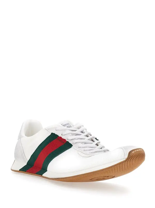 Gucci Tempo' White Sneakers With Raised Toe And Lateral Web Stripe Band In Leather And Fabric - Multicolor