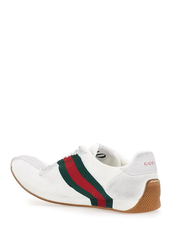 Gucci Tempo' White Sneakers With Raised Toe And Lateral Web Stripe Band In Leather And Fabric - Multicolor