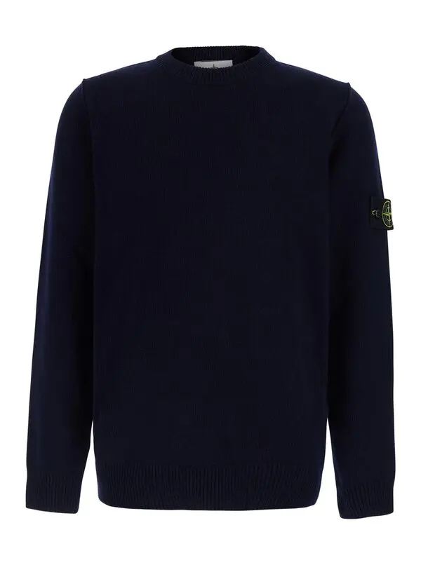 Stone Island Blue Crewneck Sweater With Logo Patch On The Sleeve In Wool For - Multicolor