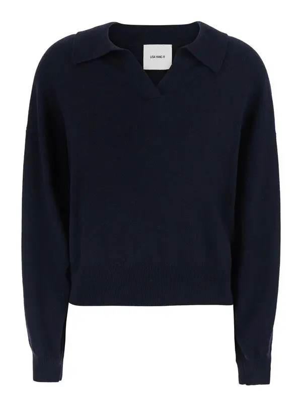 LISA YANG Katriel' Blue Sweater With Polo Collar And Ribbed Details In Cashmere - Multicolor