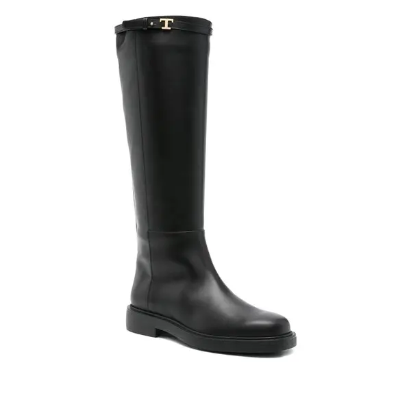 TOD'S Calf Leather Knee High Flat Boots - Black