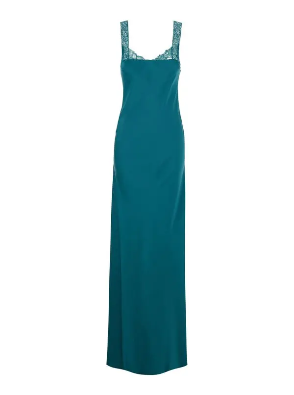 FORTE_FORTE Blue Long Dress With Fixed Straps And Lace Detail On Straps And Neck In Blend Viscose For - Multicolor