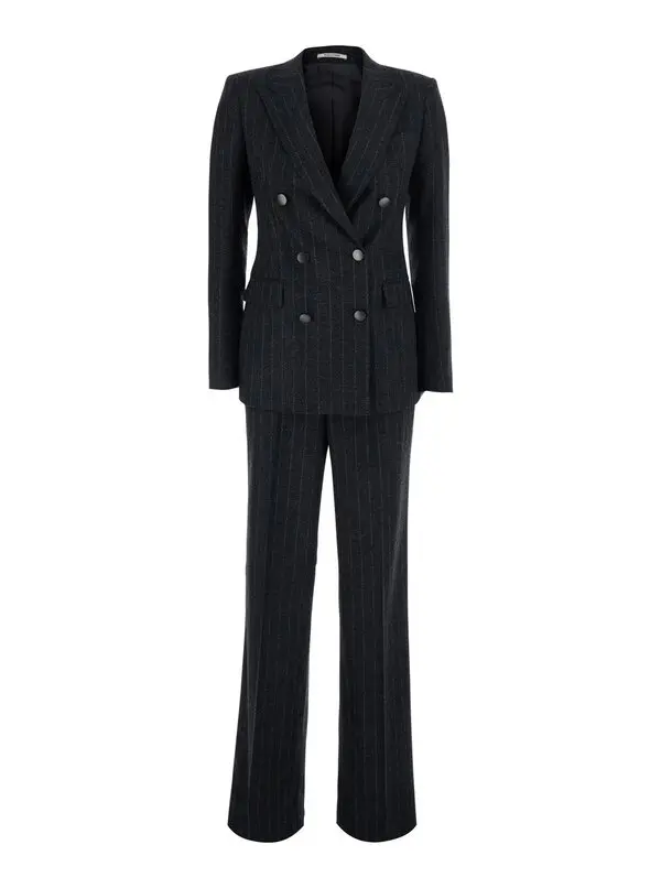 Tagliatore Grey Double-breasted Suit With All-over Stripes Motif In Wool Blend For - Gray