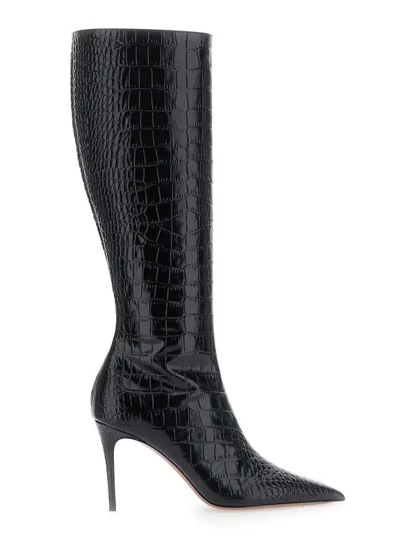 Paris Texas Vera' Black Boots With Pointed Design In Crocodile Effect Leather For