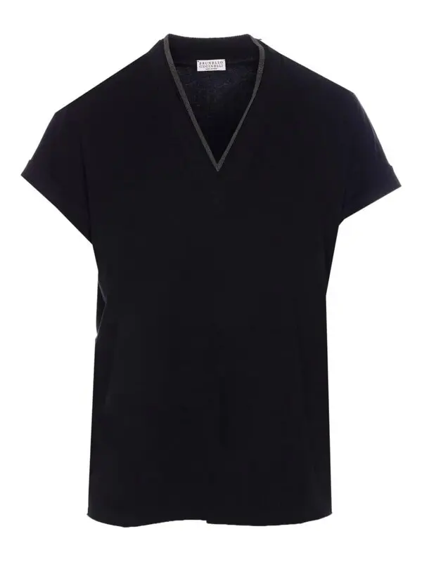 Brunello Cucinelli Monili Trim V-neck Cotton T-shirt - Black