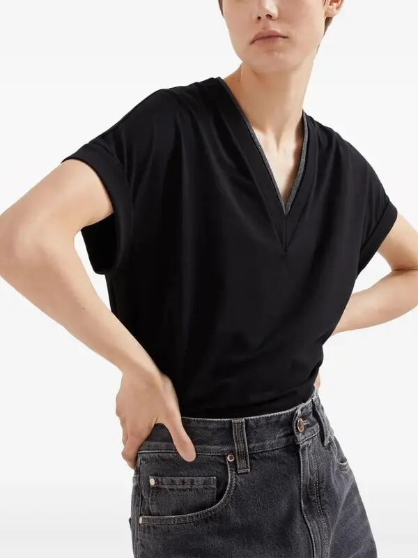 Brunello Cucinelli Monili Trim V-neck Cotton T-shirt - Black