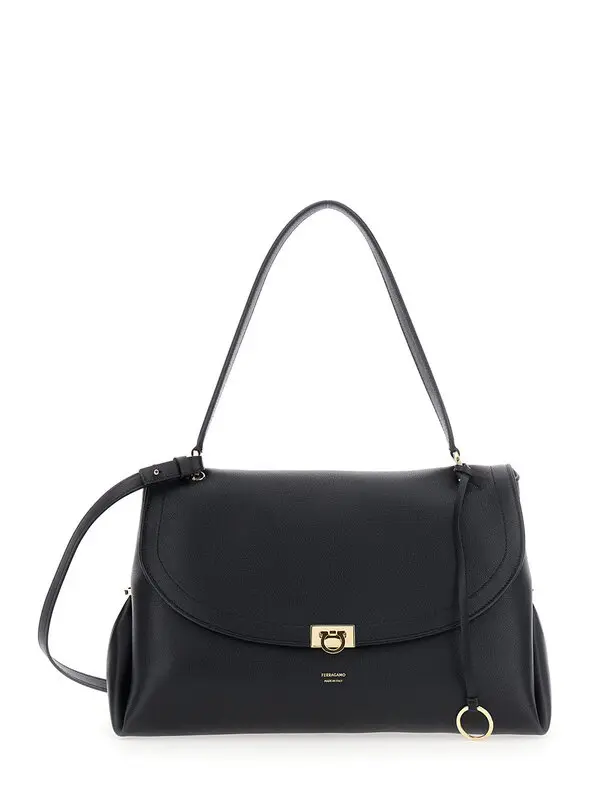FERRAGAMO Black Shoulder Bag With Adjustable Strap And Gancini Buckle Closure In Leather For - Multicolor