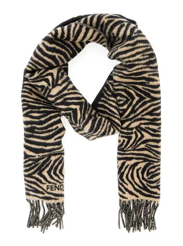 Fendi Black Scarf With Tiger Stirpe Motif And Fringed Edge In Wool For - Multicolor