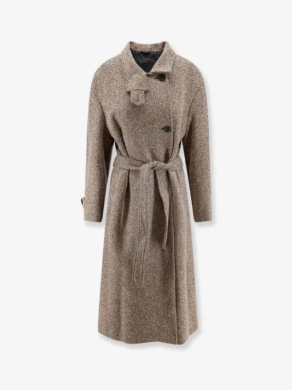 Brunello Cucinelli Herringbone Coat With Monili Detail