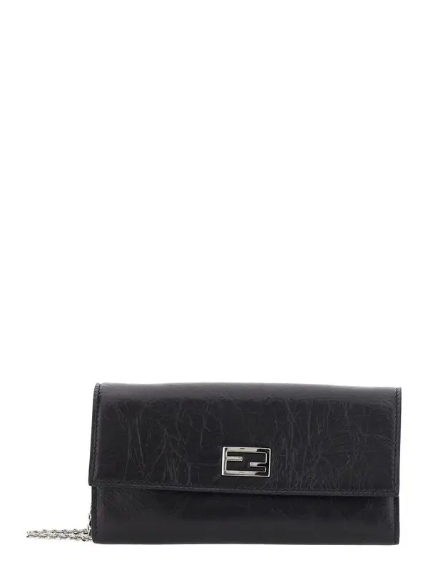 Fendi Crossbody Bag With Chain Strap And Ff Plate On The Front In Leather For - Black