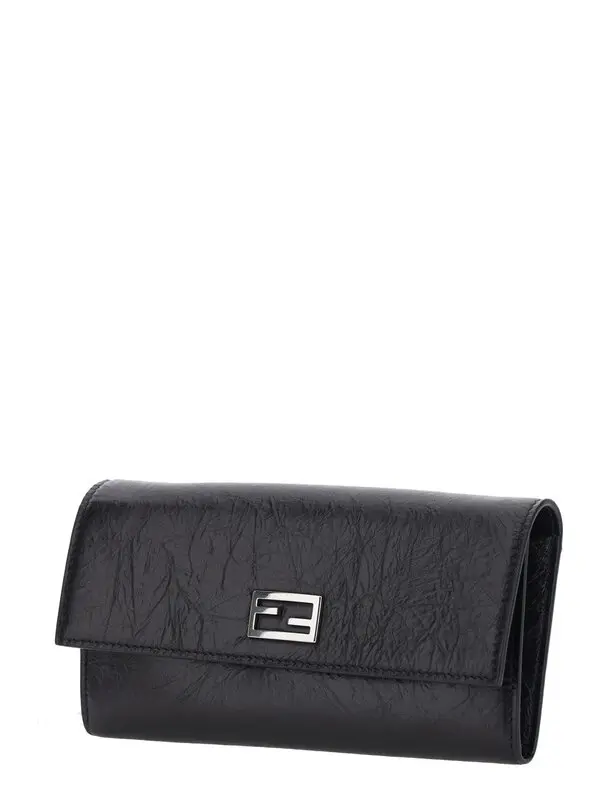 Fendi Leather Crossbody Bag With Ff Plate And Chain Strap - Black