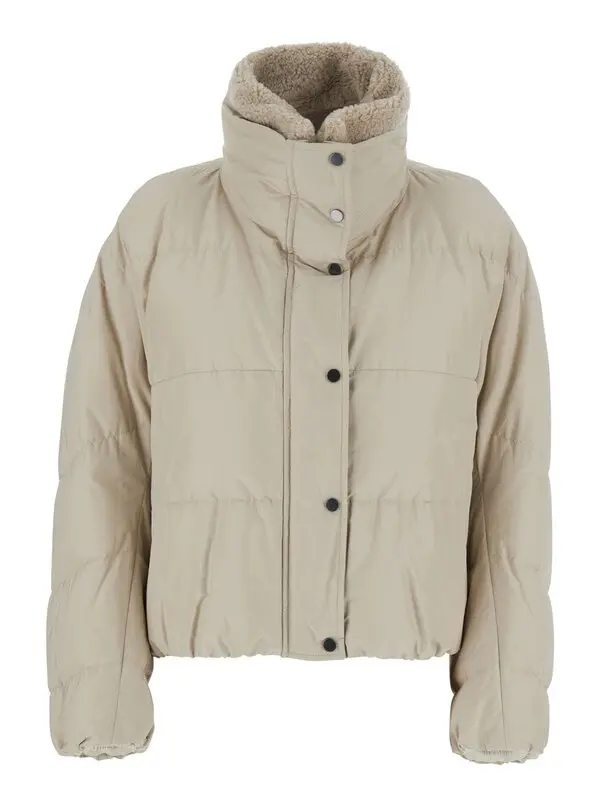Brunello Cucinelli Beige Down Jacket With Removable Fur Collar In Tech Fabric For