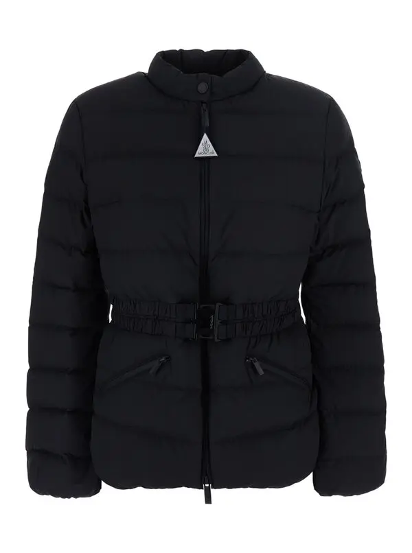 Moncler Esthetique' Black Down Jacket With Waist Belt And Logo Patch On The Sleeve In Tech Fabric For - Multicolor