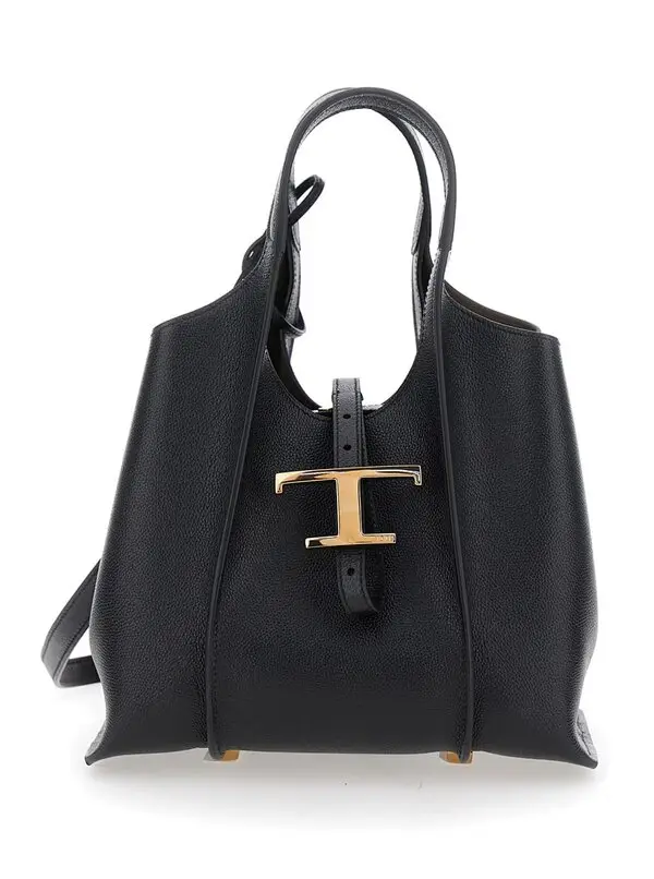 TOD'S Tote Bag With Two Top Handles And Logo Plate On Front In Black Hammered Leather For - Multicolor