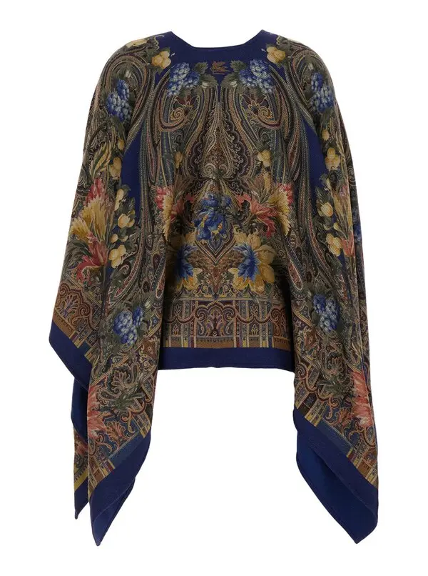 Etro Blue Cape With Paisley Motif And All-over Floral Print In Blend Wool For - Multicolor