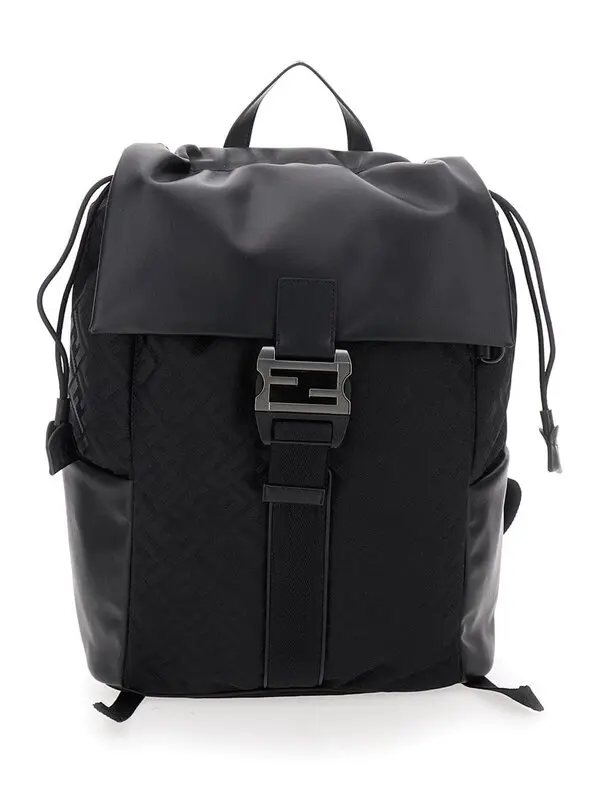 Fendi Black Backpack With Logo Plaque And All-over Ff Motif In Nylon - Multicolor