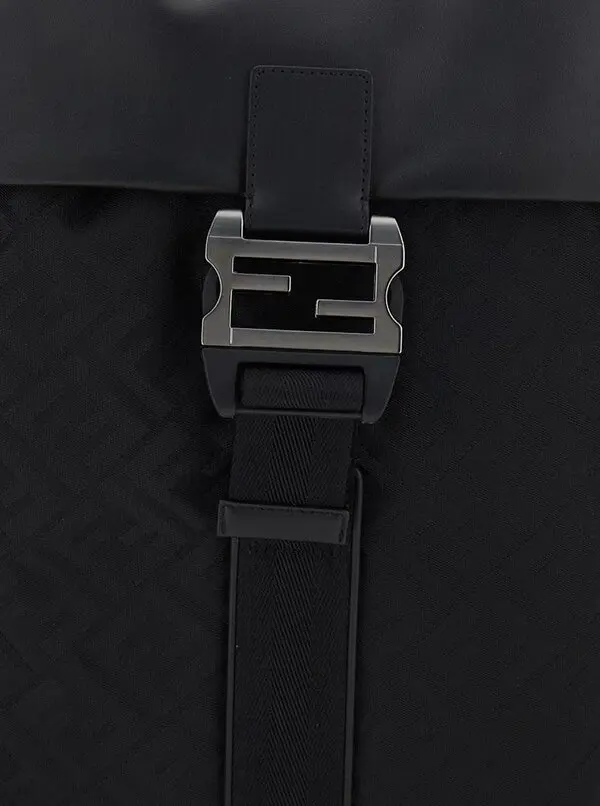 Fendi Black Backpack With Logo Plaque And All-over Ff Motif In Nylon