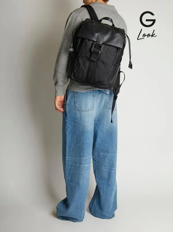 Fendi Black Backpack With Logo Plaque And All-over Ff Motif In Nylon