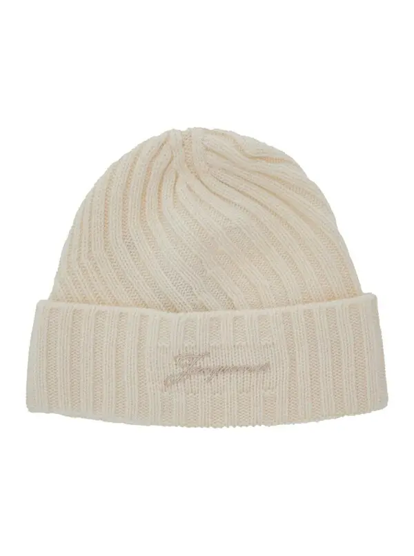 Jacquemus Le Bonnet Tourni' White Beanie With Turn-up Brim And Logo Lettering On The Front In Wool - Multicolor