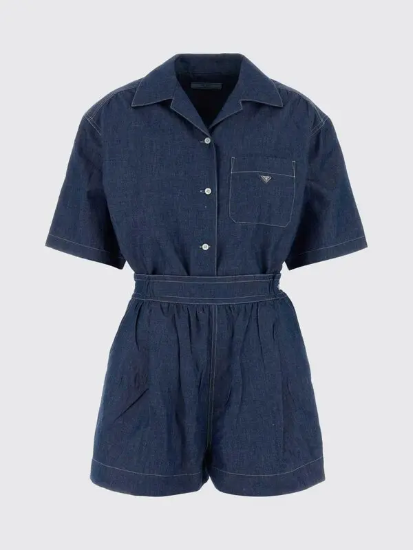 Prada Cotton Blend Chambray Mini Jumpsuit